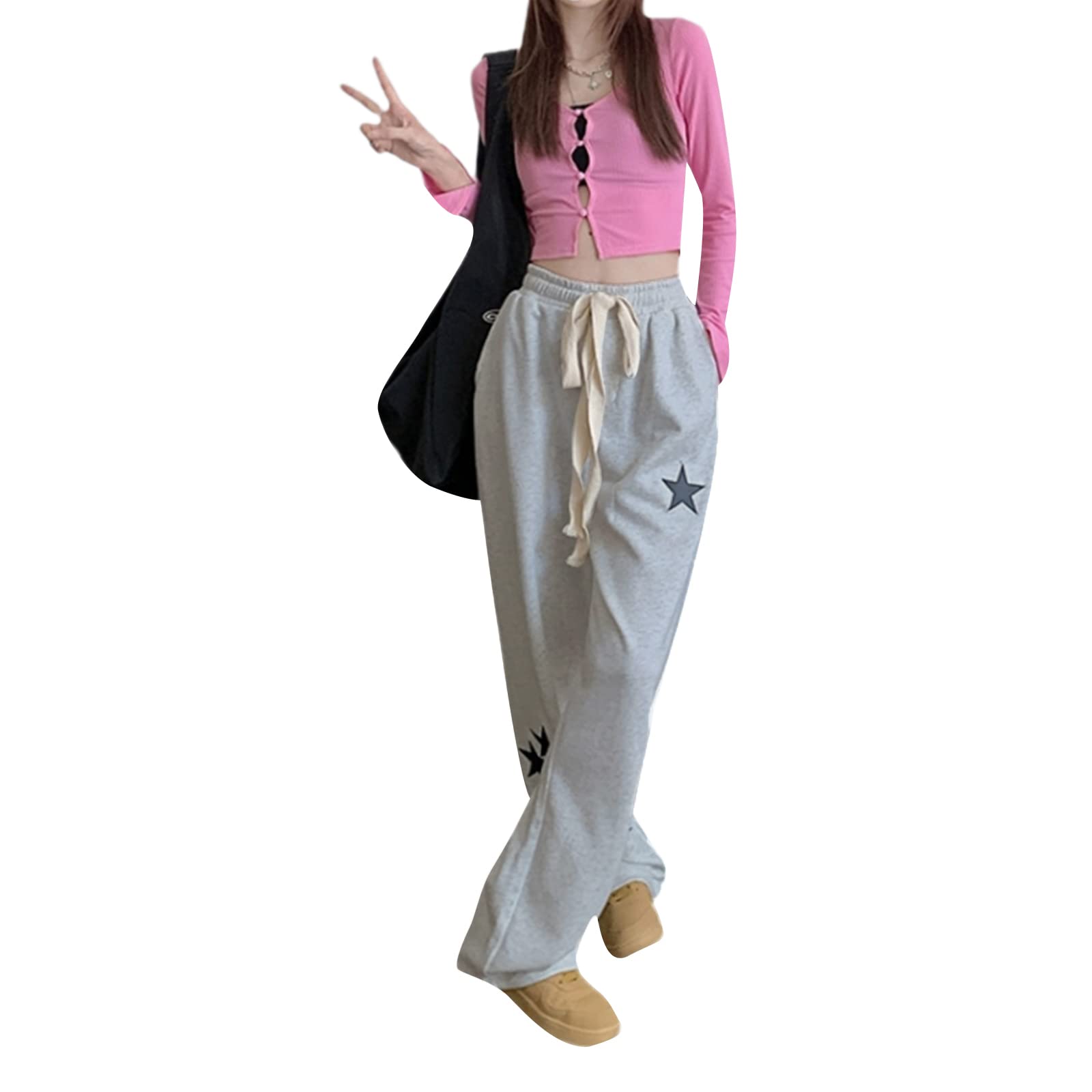 NZNDSHD Women Streetwear Sweatpants Drawstring Elastic Waist Loose Wide Leg Joggers Y2k Star Print Pants Harajuku Trousers (Grey, M)