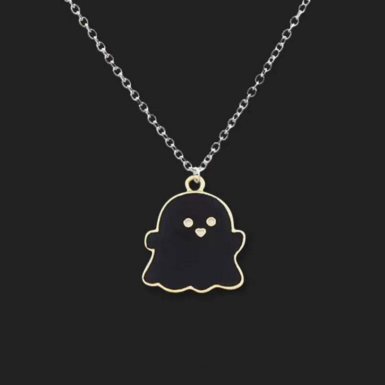 2 Pcs Black White Ghost Pendant Necklace, Lovely Ghost Enamel Charm Necklace for Women Girls Friendship BFF Couple Memorial Jewelry Valentines Day Halloween Costume Decor, One-size