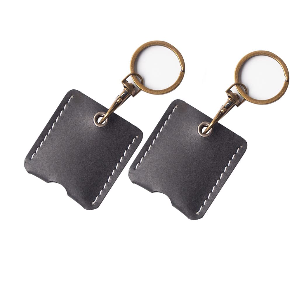 JuneTree Genuine Leather Keychain pouch, Universal Key Fob Keychain Leather Key Chain Holder for keys and ID Key Cards- black color (2 of pack)