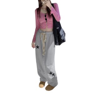 NZNDSHD Women Streetwear Sweatpants Drawstring Elastic Waist Loose Wide Leg Joggers Y2k Star Print Pants Harajuku Trousers (Grey, M)