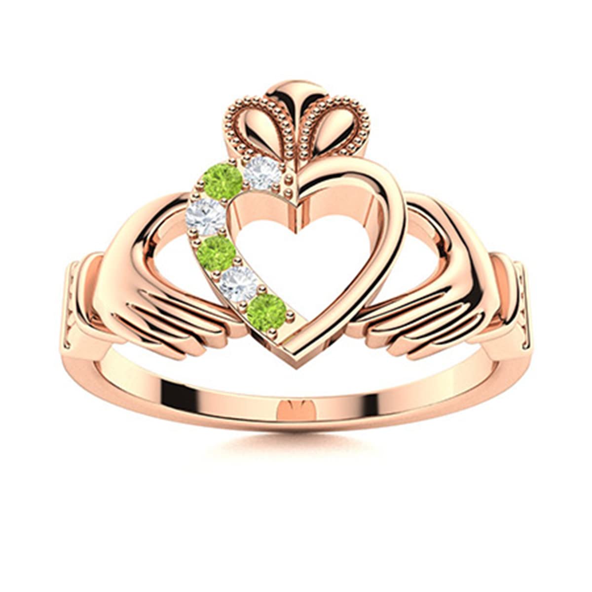 2MM Heart Shape Natural Peridot Gemstone 925 Sterling Silver Irish Claddagh Ring (Rose Gold Vermeil, 11)