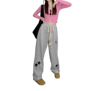 nzndshd women streetwear sweatpants drawstring elastic waist loose wide leg joggers y2k star print pants harajuku trousers (grey, m)