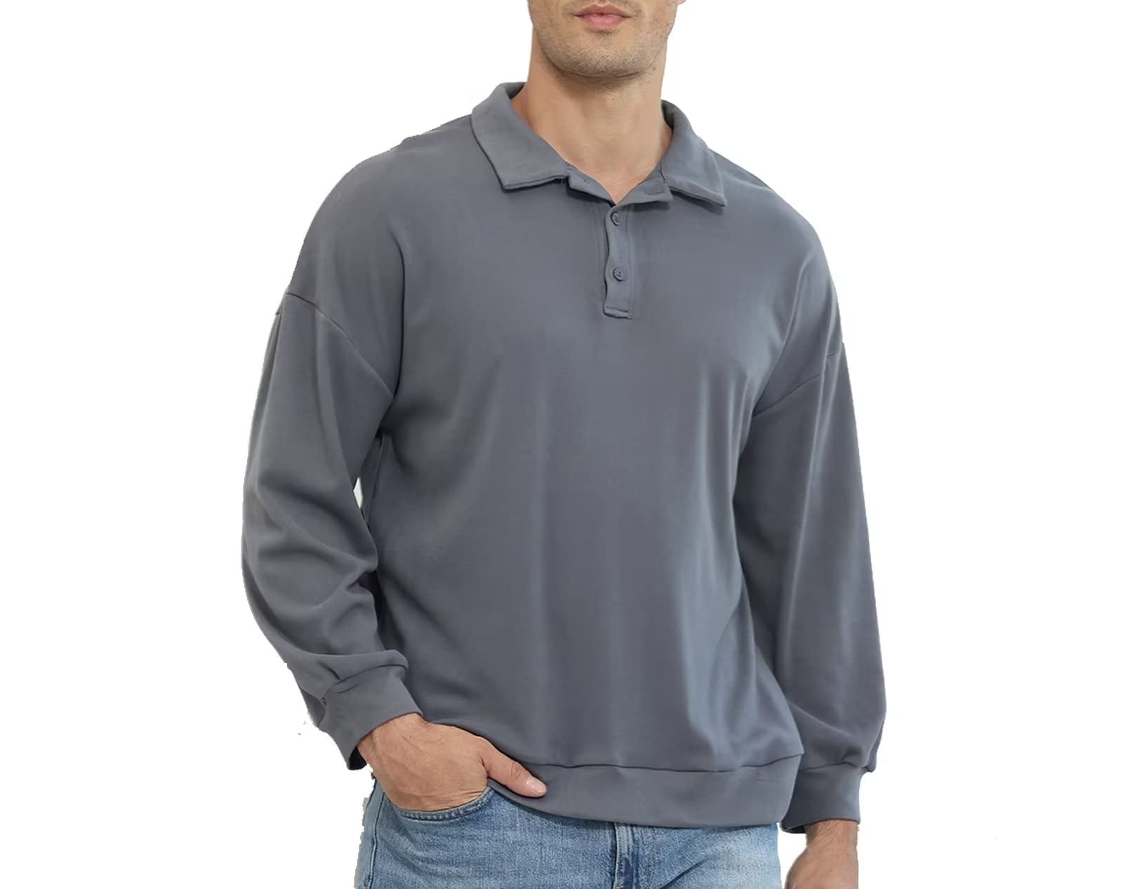 Mens Outdoor Polo Shirt Thick Golf Pullovers Long Sleeve Skin Friendly Thermal Fabric 2XL Grey