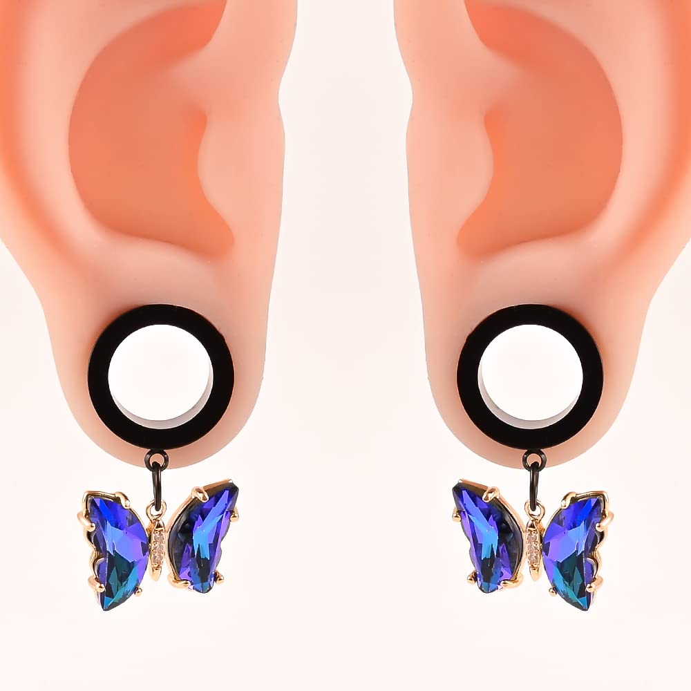 Atomhole 2 PCS Ear Gauges Elegant Butterfly Dangle Hypoallergenic Stainless Steel Ear Plugs Tunnels Gauges Stretcher Pair Selling 2g 0g for Women Piercing Body Jewelry (8mm(0G))