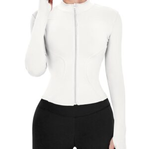 Gacaky Women's Slim Fit Lightweight Athletic Full Zip Stretchy Workout Running Track Jacket with Thumb Holes White S