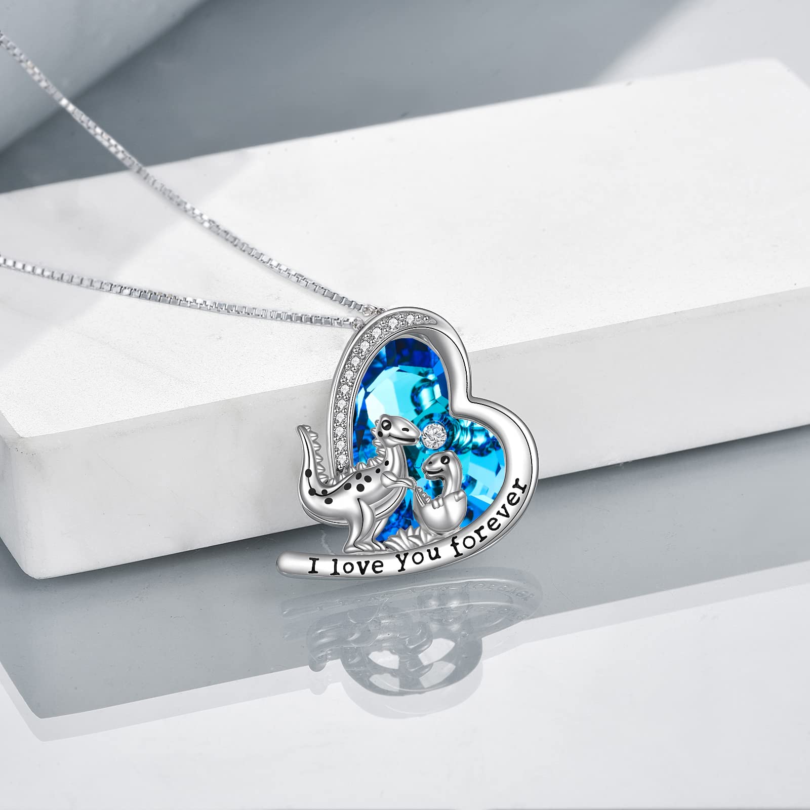 POPKIMI Dinosaur Gifts for Women Dinosaur Mother Necklace Sterling Silver Crystal Love Heart Dinosaur Pendant Necklaces I Love You Forever Jewelry Gifts For Women Mother Daughter