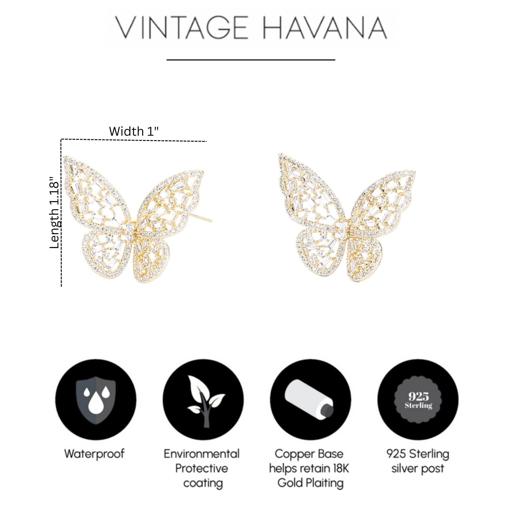 Pave CZ Butterfly Earrings For Women By Vintage Havana 18K Gold Plated Drop/Dangle Cubic Zirconia Earrings Made With Sterling Silver Post