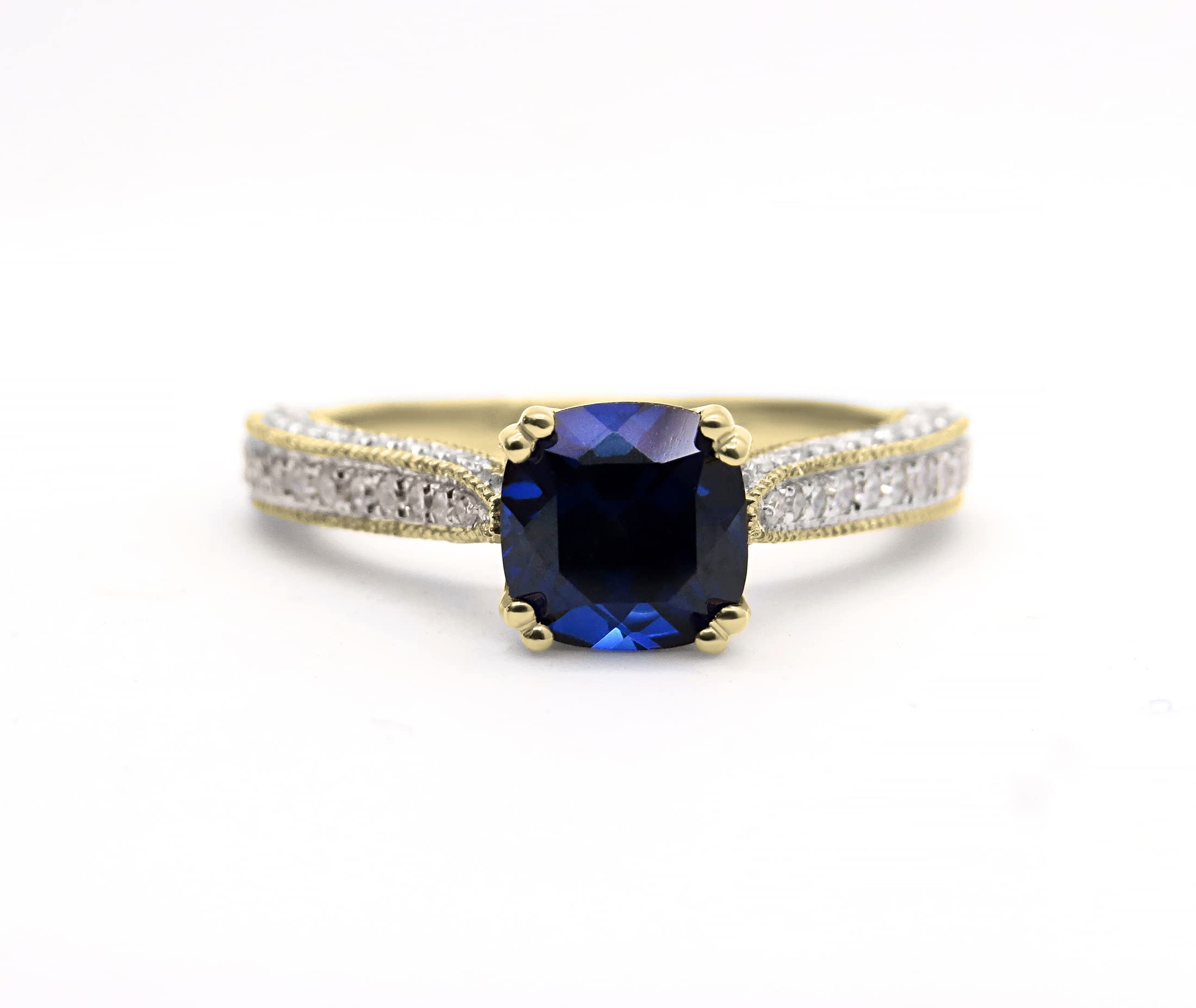 Dazzlingrock Collection 18K 6 MM Cushion Created Blue Sapphire And Round Diamond Women Ring, Yellow Gold, Size 9