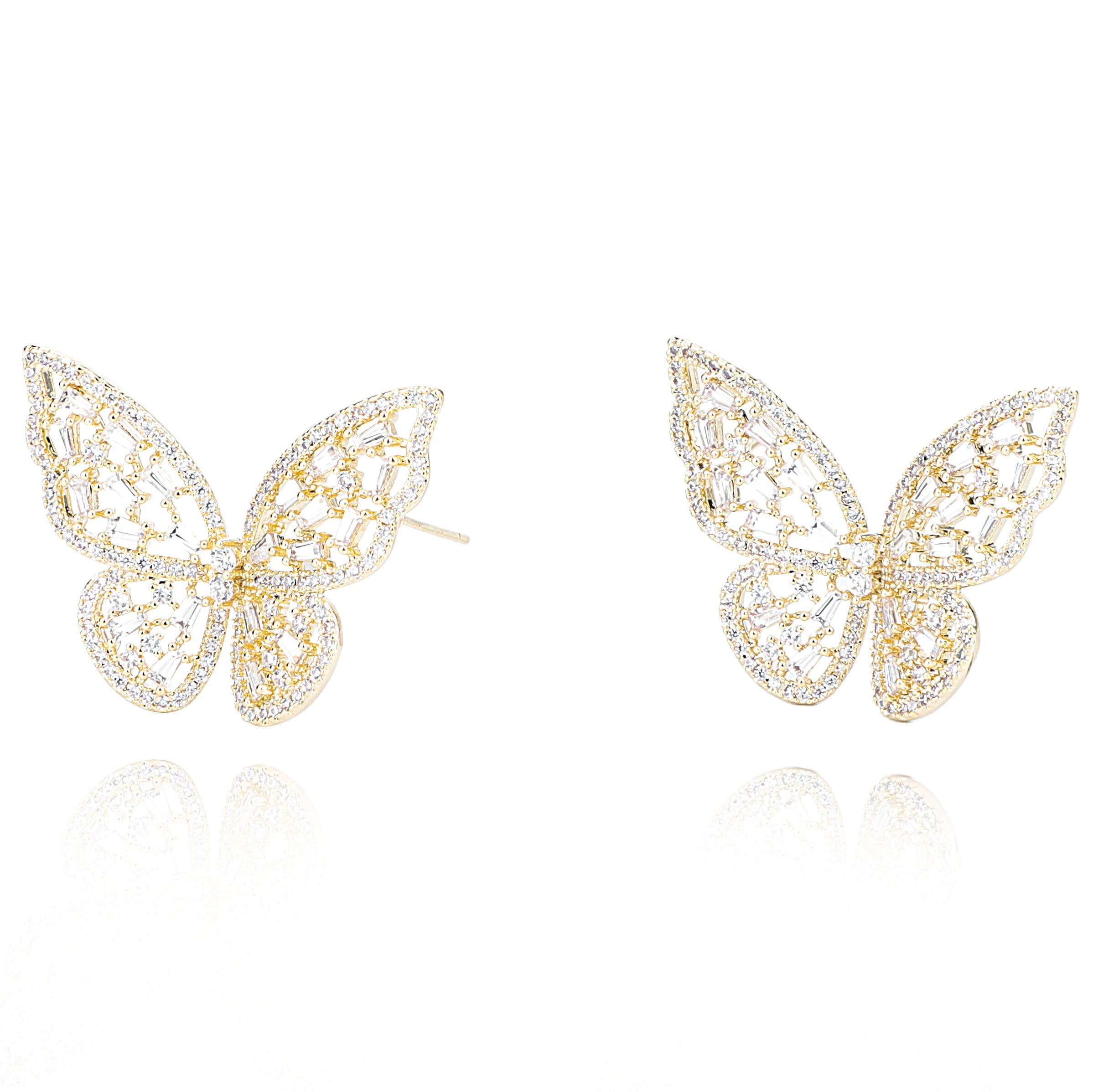 Pave CZ Butterfly Earrings For Women By Vintage Havana 18K Gold Plated Drop/Dangle Cubic Zirconia Earrings Made With Sterling Silver Post