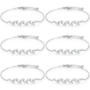 6 pcs bridesmaid gifts bridesmaid bracelets dainty bracelets tiny zirconia leaf adjustable bridal bracelet crystal bracelet (silver)