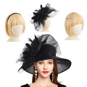 2024 Kentucky Derby Hats for Women Girls Ladies, Organza Church Tea Party Wedding Funeral Fascinator Hat UV Protection Sun Hat Black