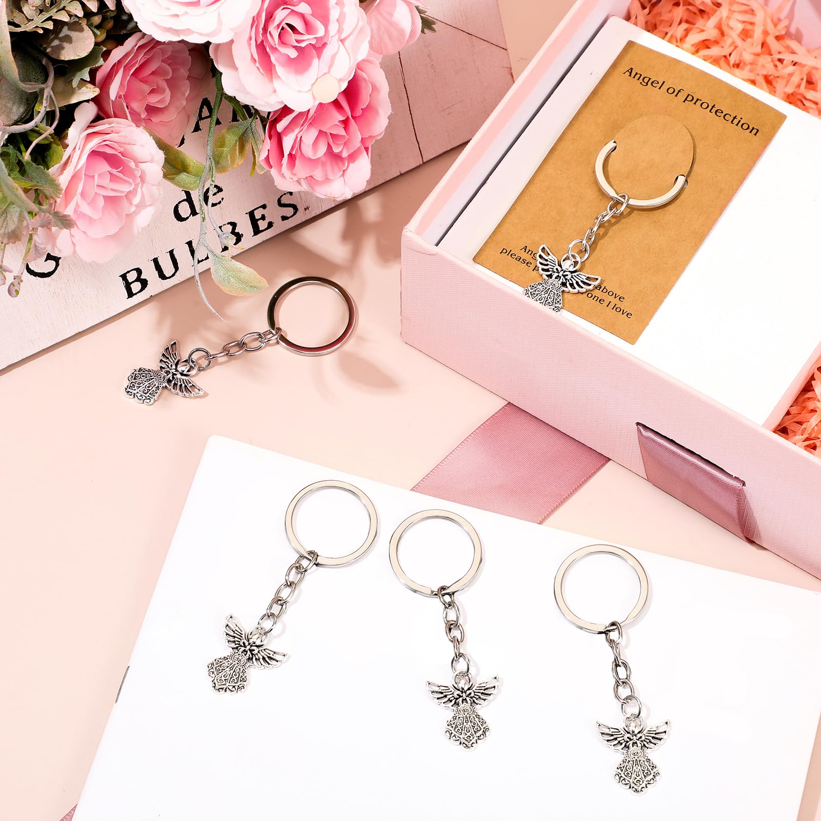 Yinkin 32 Pcs Guardian Angel Charm Keychain Silver Angel Pendant Keychain Guardian Angel Key Ring Favor with 32 Cards for Women Men Kids Party Supplies