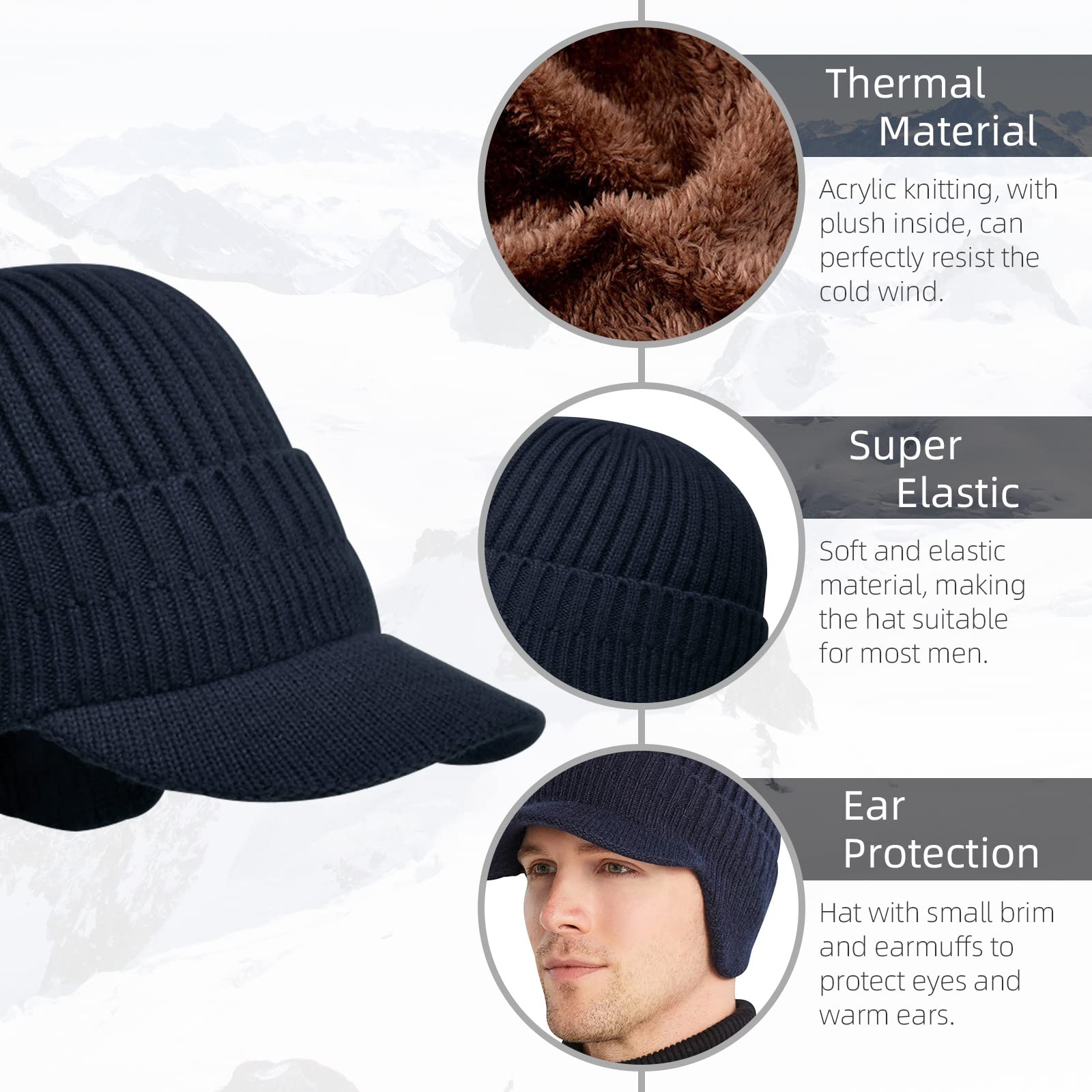 AkiiGer Men's Winter Hat Beanie with Brim, Warm Earflaps Hat for Men, Thick Fleece Lined Knit Beanie Outdoor(Navy Blue)