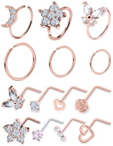 lsnevsie nose ring hoop stud piercing jewelry for women 20g surgical stainless steel l shaped curved bend rose gold hypoallergenic nose nostril stud ring hoop piercing jewelry pack set men diamond