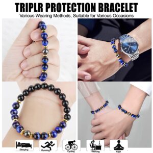 Triple Protection Good Luck Bracelet, Men Women Blue Tiger Eye Black Obsidian Hematite Wealth Prosperity Happiness Bracelet, Courage Calming Stress Anxiety Healing Crystal Stone Beaded Bracelet, Agate