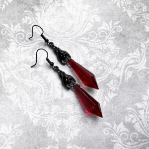 Gothic Dark Bat Dangle Earrings Red Black Crystal Gems Bat Earrings Punk Rock Style Bat Animal Earrings Halloween Costumes Earrings Jewelry for Women (Red)