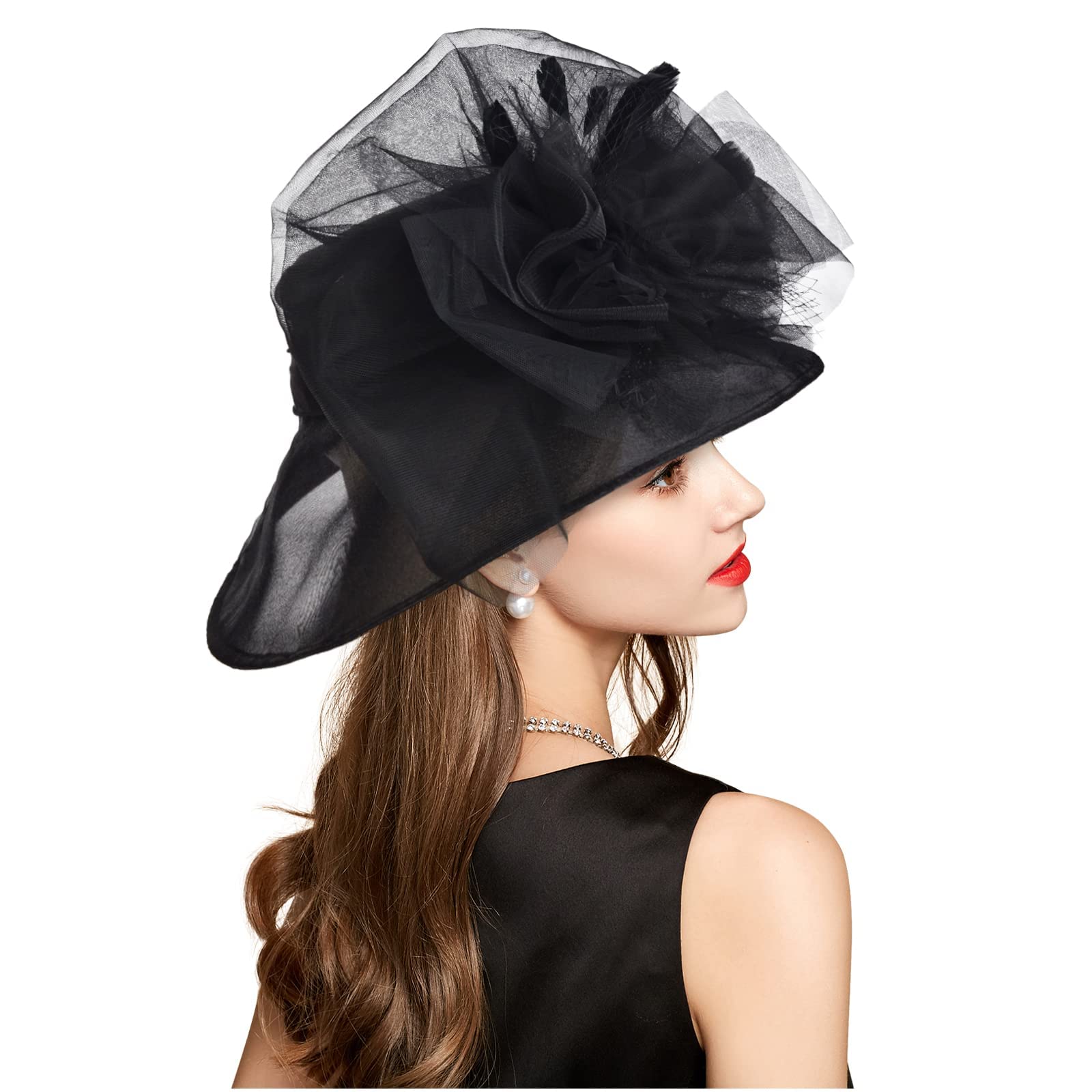 2024 Kentucky Derby Hats for Women Girls Ladies, Organza Church Tea Party Wedding Funeral Fascinator Hat UV Protection Sun Hat Black