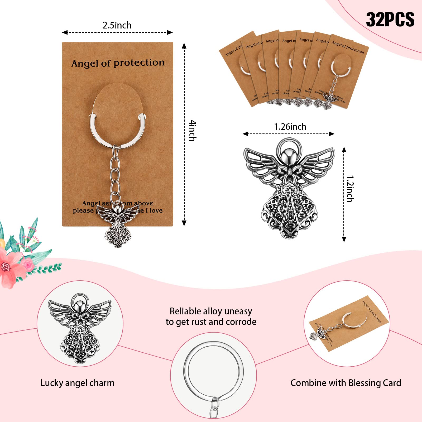 Yinkin 32 Pcs Guardian Angel Charm Keychain Silver Angel Pendant Keychain Guardian Angel Key Ring Favor with 32 Cards for Women Men Kids Party Supplies