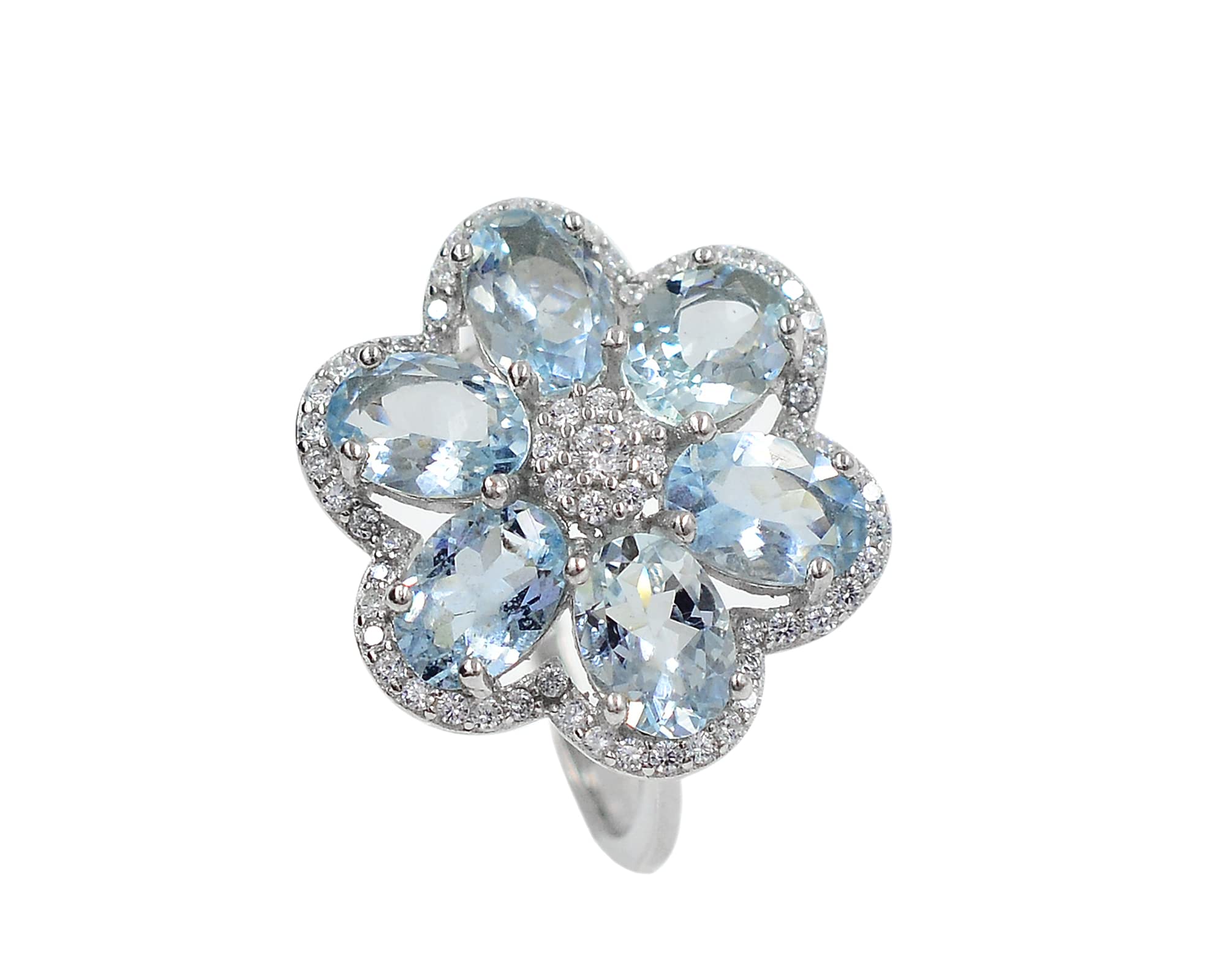 March Birthstone Natural 7X5 MM Oval Cut Aquamarine & Small White Topaz Gemstone 925 Sterling Silver Cluster Ring Wedding Jewelry Women Ring Gift For Her (Rhodium Plated Silver, 7)