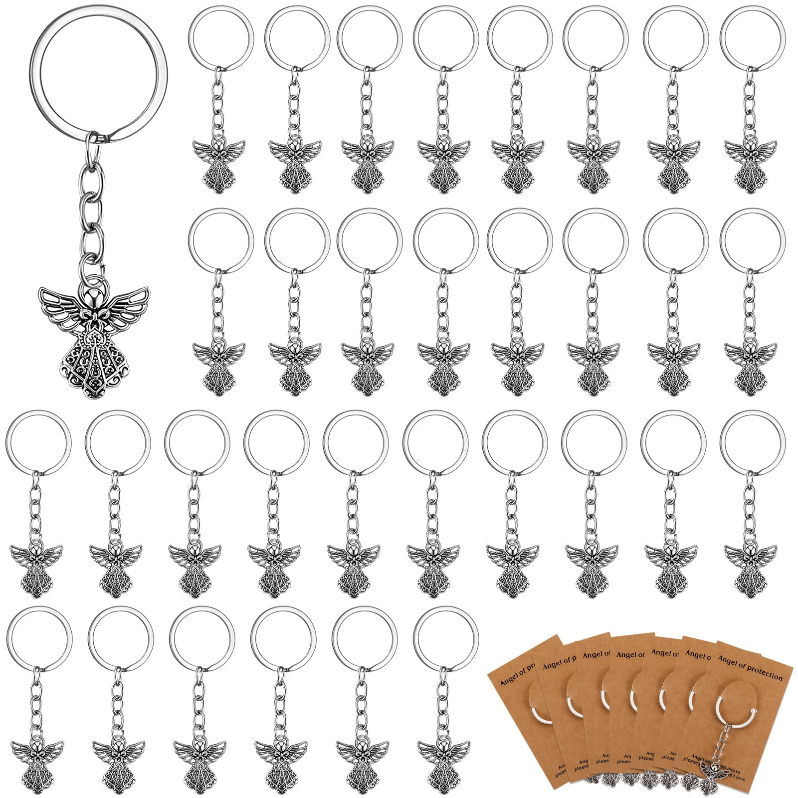 Yinkin 32 Pcs Guardian Angel Charm Keychain Silver Angel Pendant Keychain Guardian Angel Key Ring Favor with 32 Cards for Women Men Kids Party Supplies