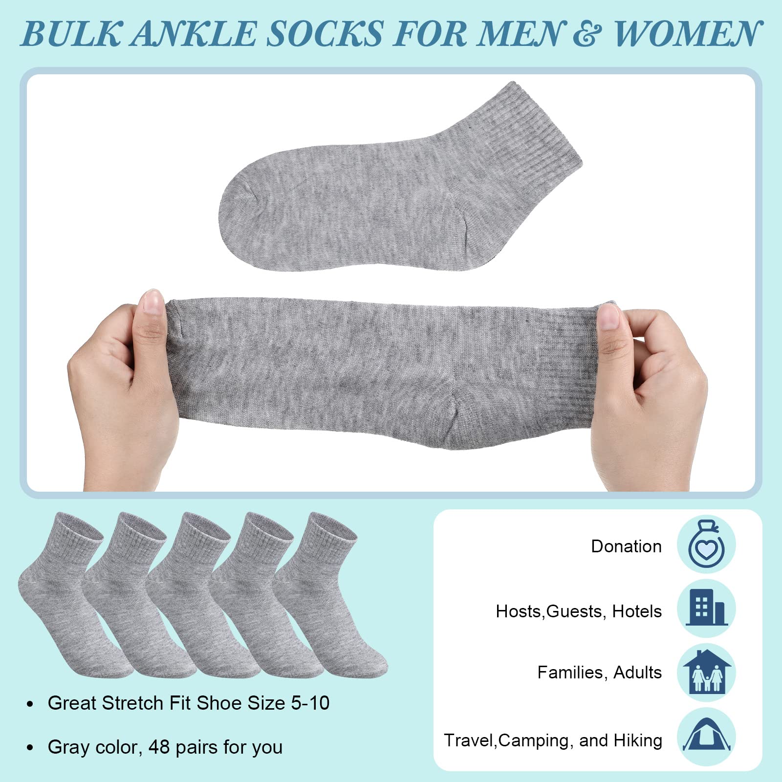 Tarpop 48 Pairs Men Quarter Ankle Socks Athletic Socks Moisture Wicking Bulk Crew Casual Sports(Gray)