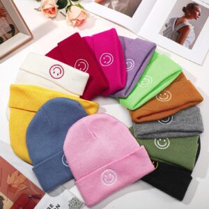 12 Pieces Knit Beanie Hat with Smile Face Embroidered Acrylic Soft Winter Hats Stretchy Smile Beanie Hats for Men Women (Bright Colors)