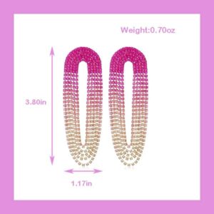 INLOLLY Pink Rhinestone Tassel Earrings for Women Sparkly Linear Fringe Crystal Dangle Earrings Long Shining Statement Dangling Chandelier Jewelry Fashion