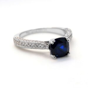 Dazzlingrock Collection 18K 6 MM Cushion Created Blue Sapphire And Round Diamond Women Ring, White Gold, Size 8.5