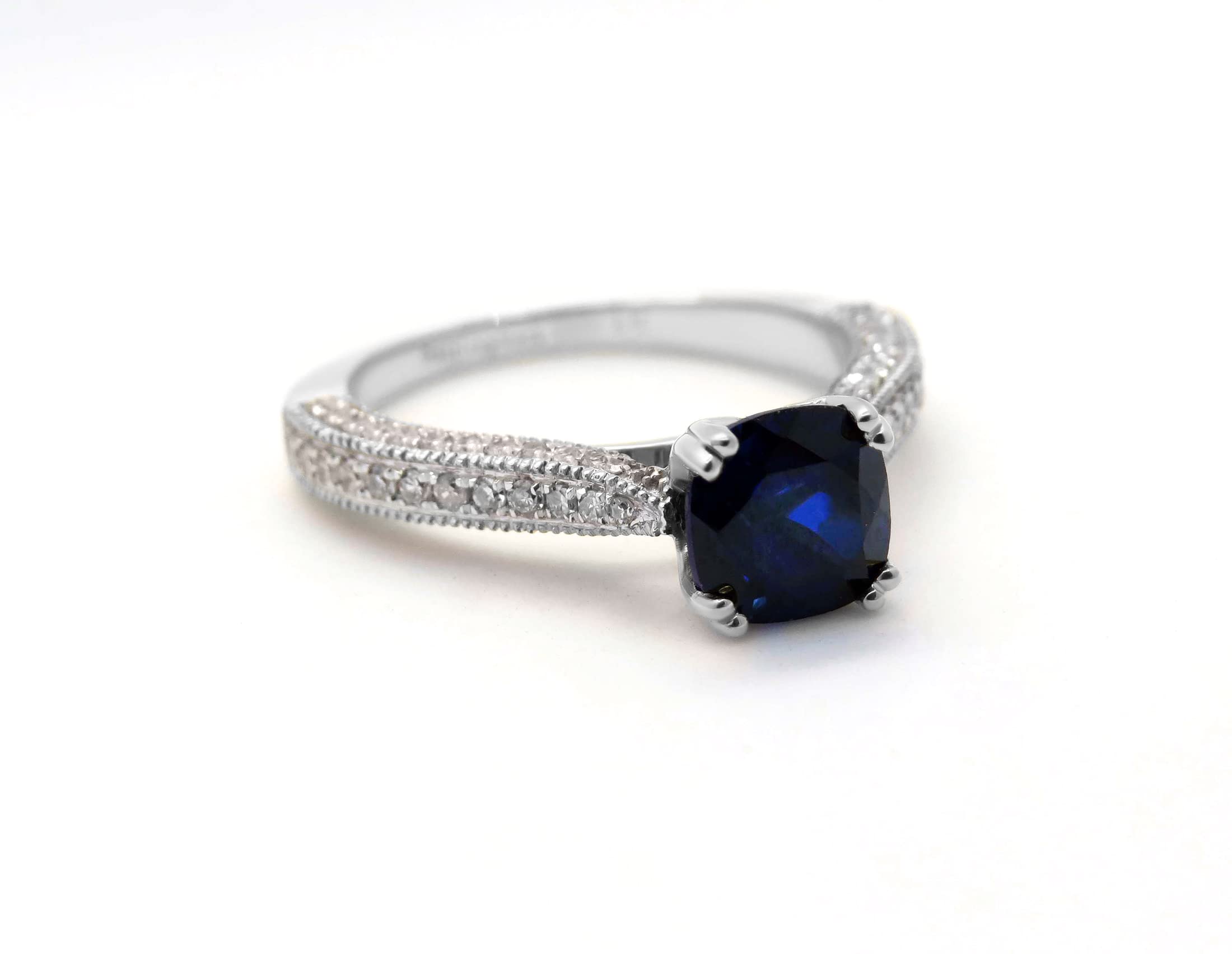 Dazzlingrock Collection 18K 6 MM Cushion Created Blue Sapphire And Round Diamond Women Ring, White Gold, Size 8.5