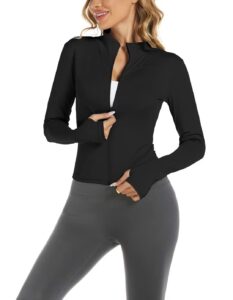 aolpioon women's quick dry stretchy sweat shirt long sleeve athletic crop jackets yoga tennis golf tight fitted light jacket black l