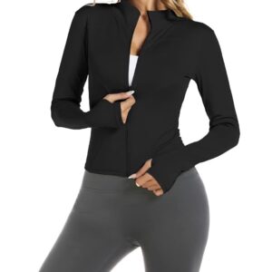 Aolpioon Women's Quick Dry Stretchy Sweat Shirt Long Sleeve Athletic Crop Jackets Yoga Tennis Golf Tight Fitted Light Jacket Black L