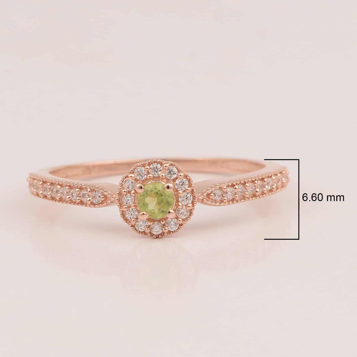 MOONEYE 3MM Round Shape Peridot Gemstone 925 Sterling Silver Rose Gold Vermeil Solitaire Accents Women Ring (Rose Gold vermeil, 10)