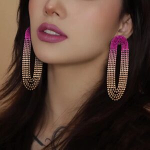 INLOLLY Pink Rhinestone Tassel Earrings for Women Sparkly Linear Fringe Crystal Dangle Earrings Long Shining Statement Dangling Chandelier Jewelry Fashion