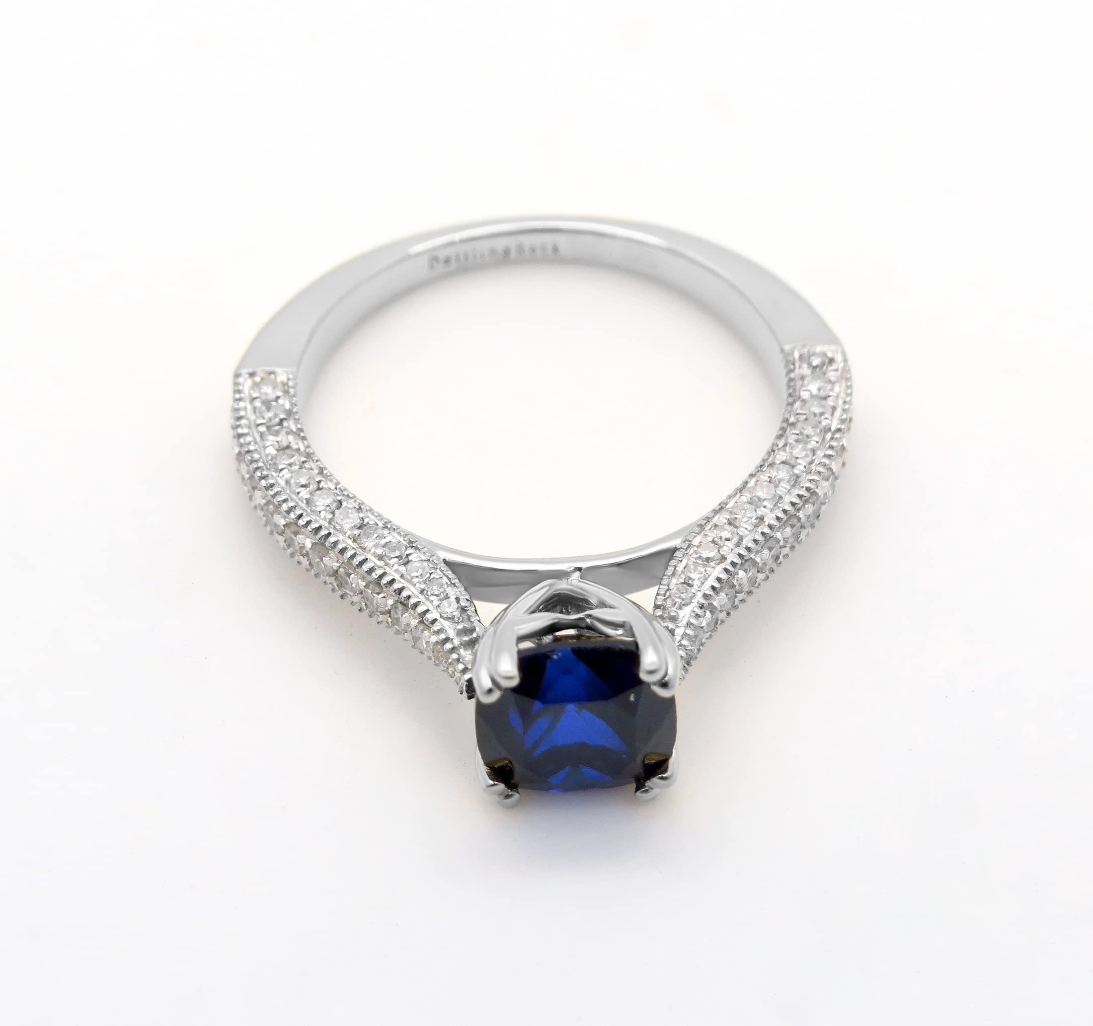 Dazzlingrock Collection 18K 6 MM Cushion Created Blue Sapphire And Round Diamond Women Ring, White Gold, Size 8.5