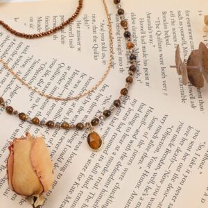 Bohemian Beaded Choker Necklaces for Women Handmade Multilayered Hippie Necklaces Boho Natural Stone Tiger Eye Beads Strand Vintage Opal Stone Pendant Statement Necklace Jewelry Gift for Women, Brown