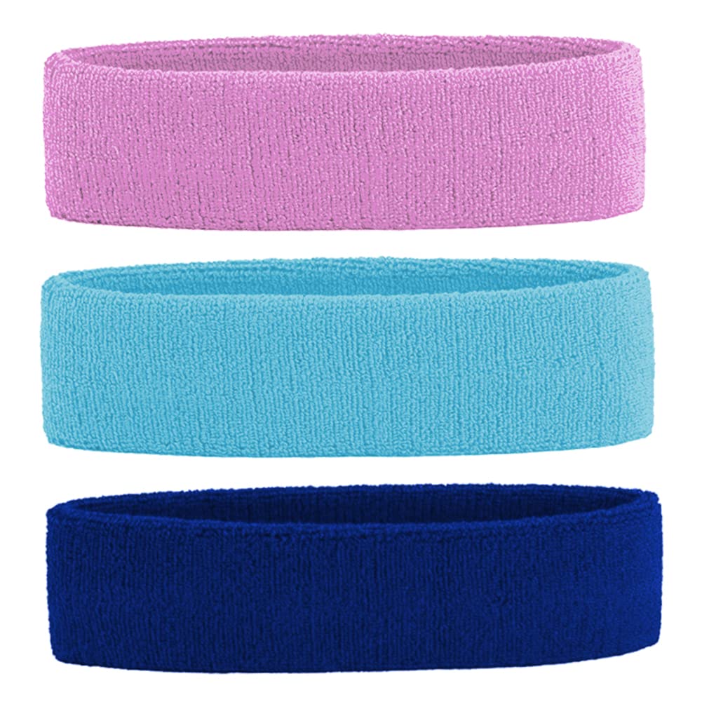 3 Pack Men & Women Sweatband Headband Terry Cloth Moisture Wicking for Sports Tennis Gym Work Out (Purple,Sky Blue,Blue)