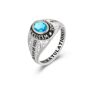 PJM Customized Sterling Silver Women’s (Ladies) High School or College Class Ring – Filigree Collection – Fully Personalized - Mementos Jewelry (Sterling Silver Platinum)