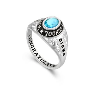 PJM Customized Sterling Silver Women’s (Ladies) High School or College Class Ring – Filigree Collection – Fully Personalized - Mementos Jewelry (Sterling Silver Platinum)