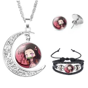 aquasuki nezuko kamado anime jewelry set glass dome crescent moon pendant charm necklace, earrings, bracelet jewelry set gifts for women girls (nezuko kamado)