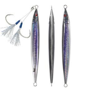 ocean cat slow pitch jig flat fall saltwater fishing lures sinking lead metal flat jigging baits (purple&silver, 180g)