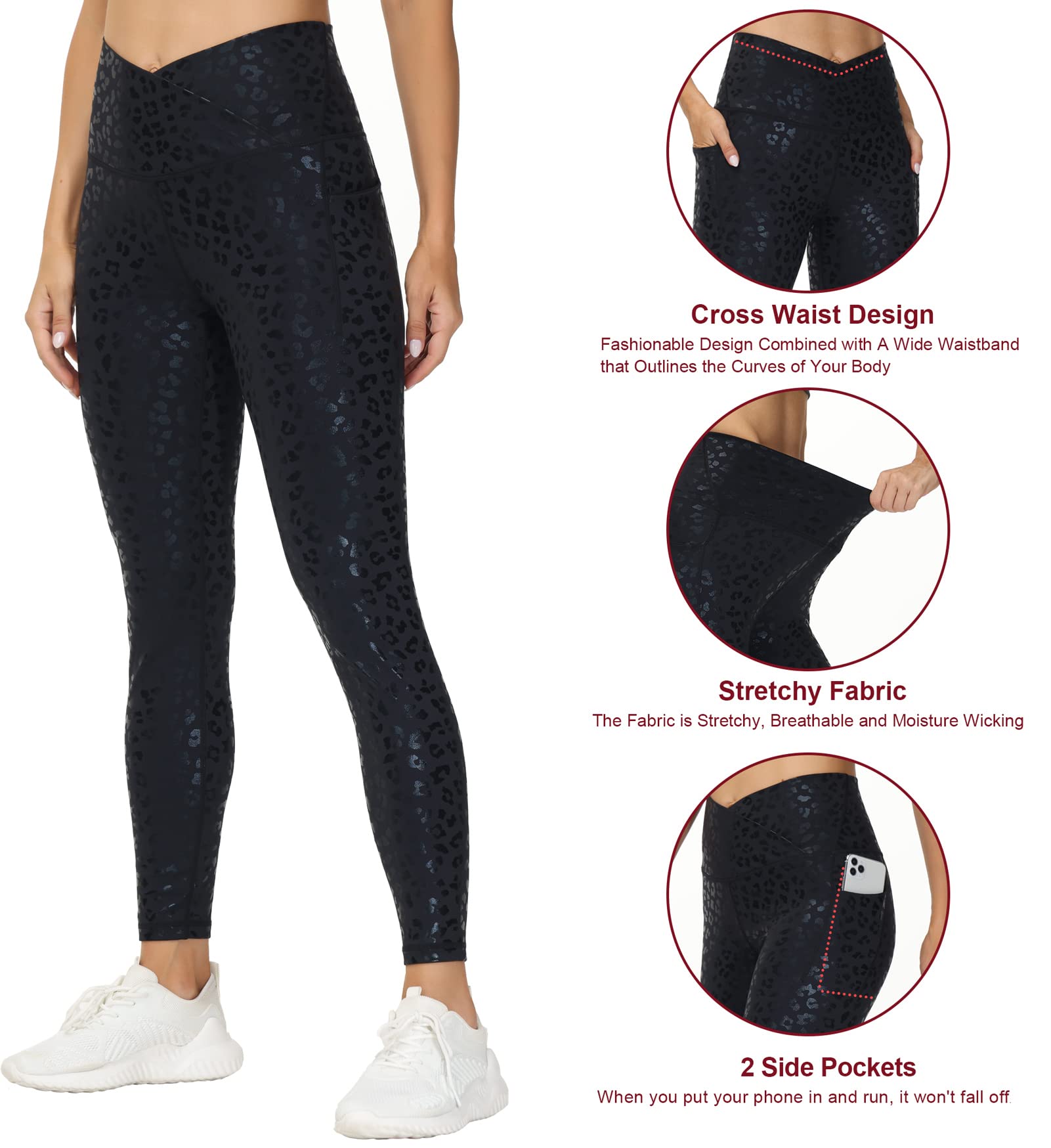 THE GYM PEOPLE Women's V Cross Waist Workout Leggings Tummy Control Running Yoga Pants with Pockets(Black Leopard, Large)