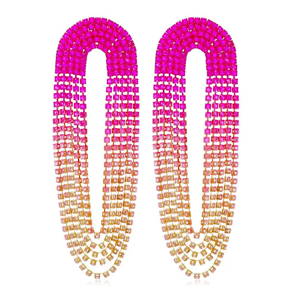 INLOLLY Pink Rhinestone Tassel Earrings for Women Sparkly Linear Fringe Crystal Dangle Earrings Long Shining Statement Dangling Chandelier Jewelry Fashion