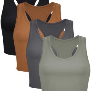 4 Pieces Women Basic Tank Top Cotton Racerback Sleeveless Athletic Crop Cotton Top (Black, Dark Gray, Green, Brown, X-Large)