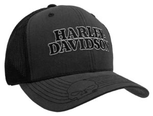 harley-davidson men's embroidered skull & h-d text mesh trucker cap black