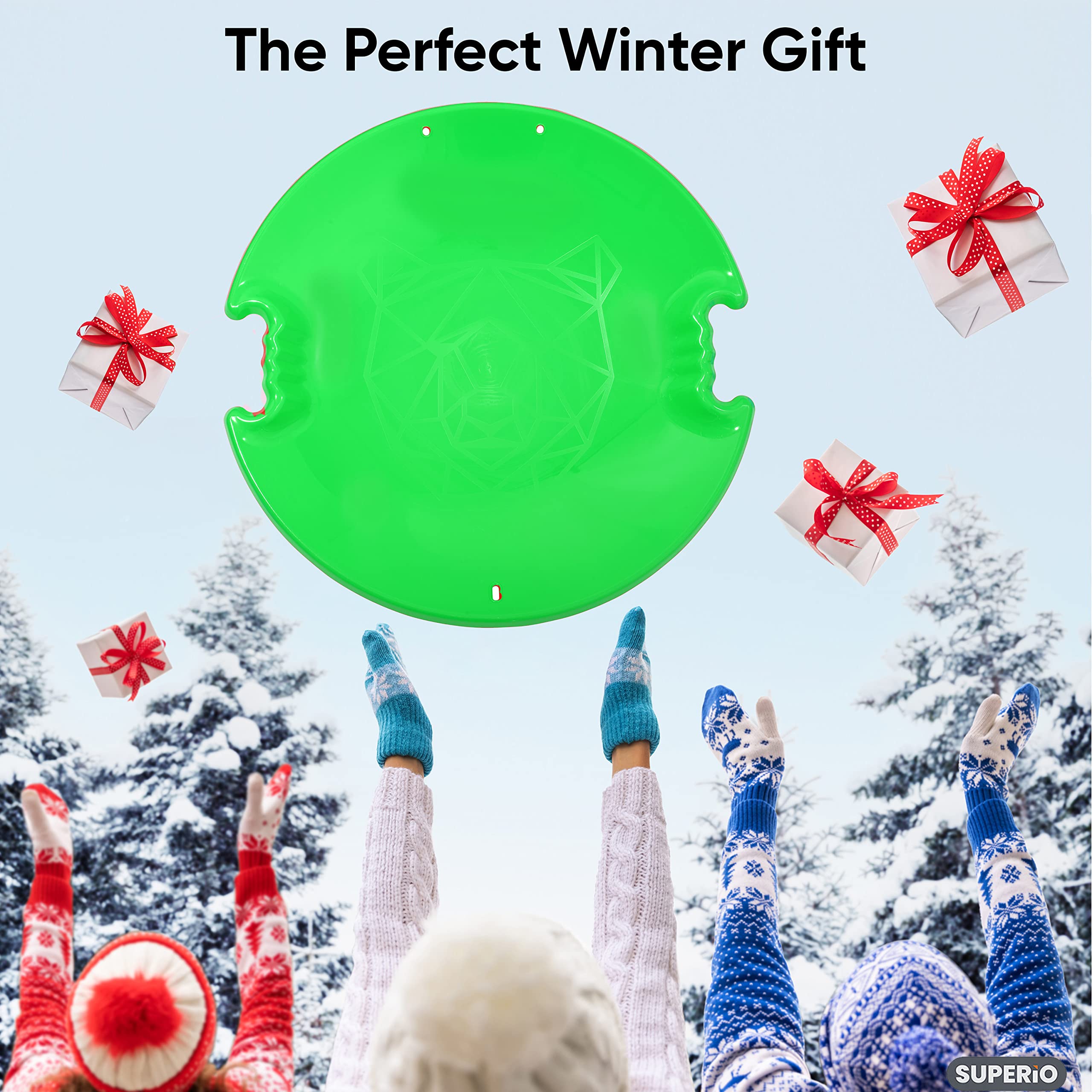 Superio Round Snow Saucer Sled, Green Spiral 26" Avalanche Circle Plastic Sledding Disc, Winter Snow Fun for Kids and Adults