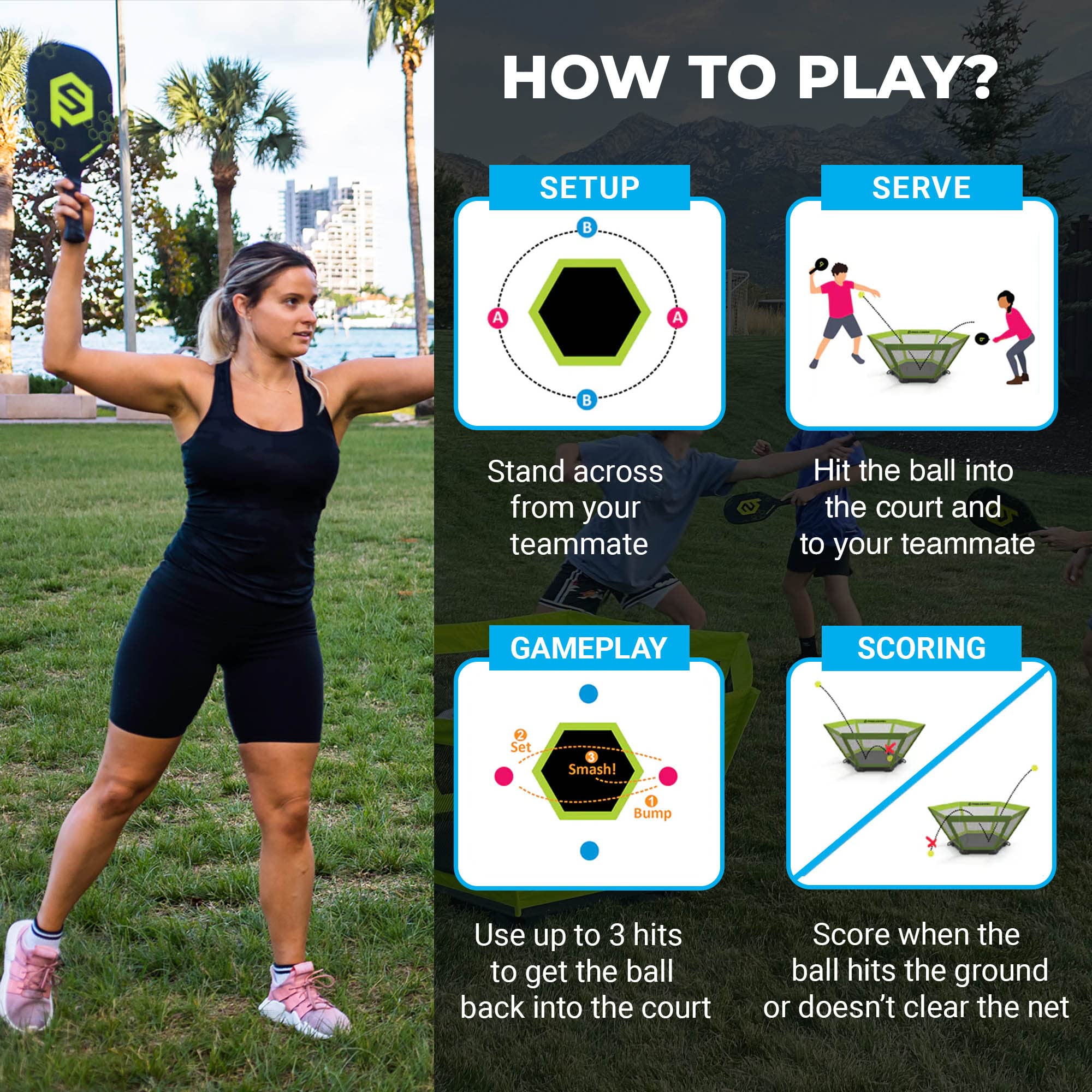 PaddleSmash – Pickleball Yard Games - As Seen on Shark Tank - Beach, Backyard, Lawn, Outdoor Games for Adults and Family – Easy Assembly - Includes 4 Pickball Paddles, 2 Balls & Case