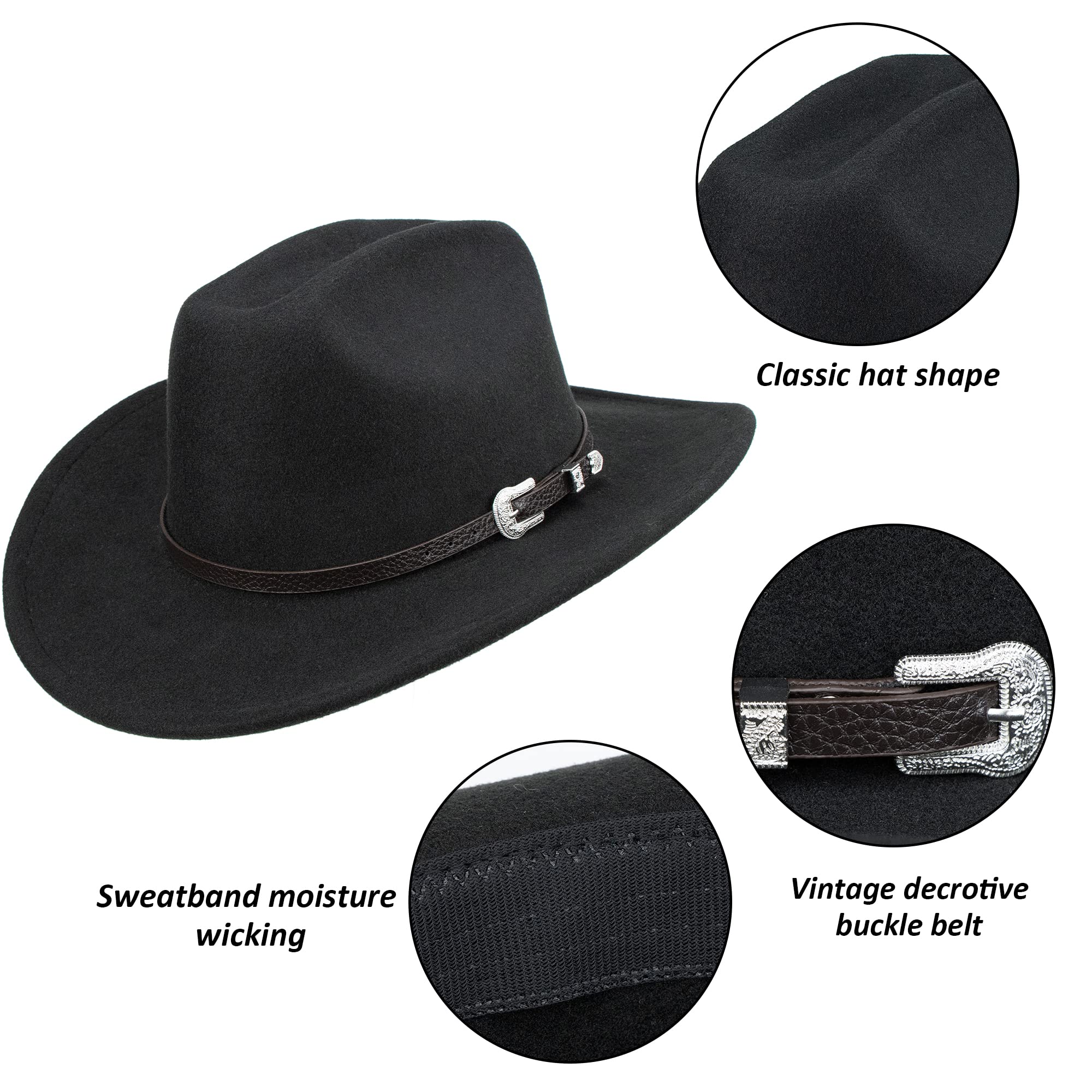 Classic Western Felt Cowboy Cowgirl Hat for Women Men Wide Brim Belt Buckle Cowboy Hat (Size:Medium-Large)