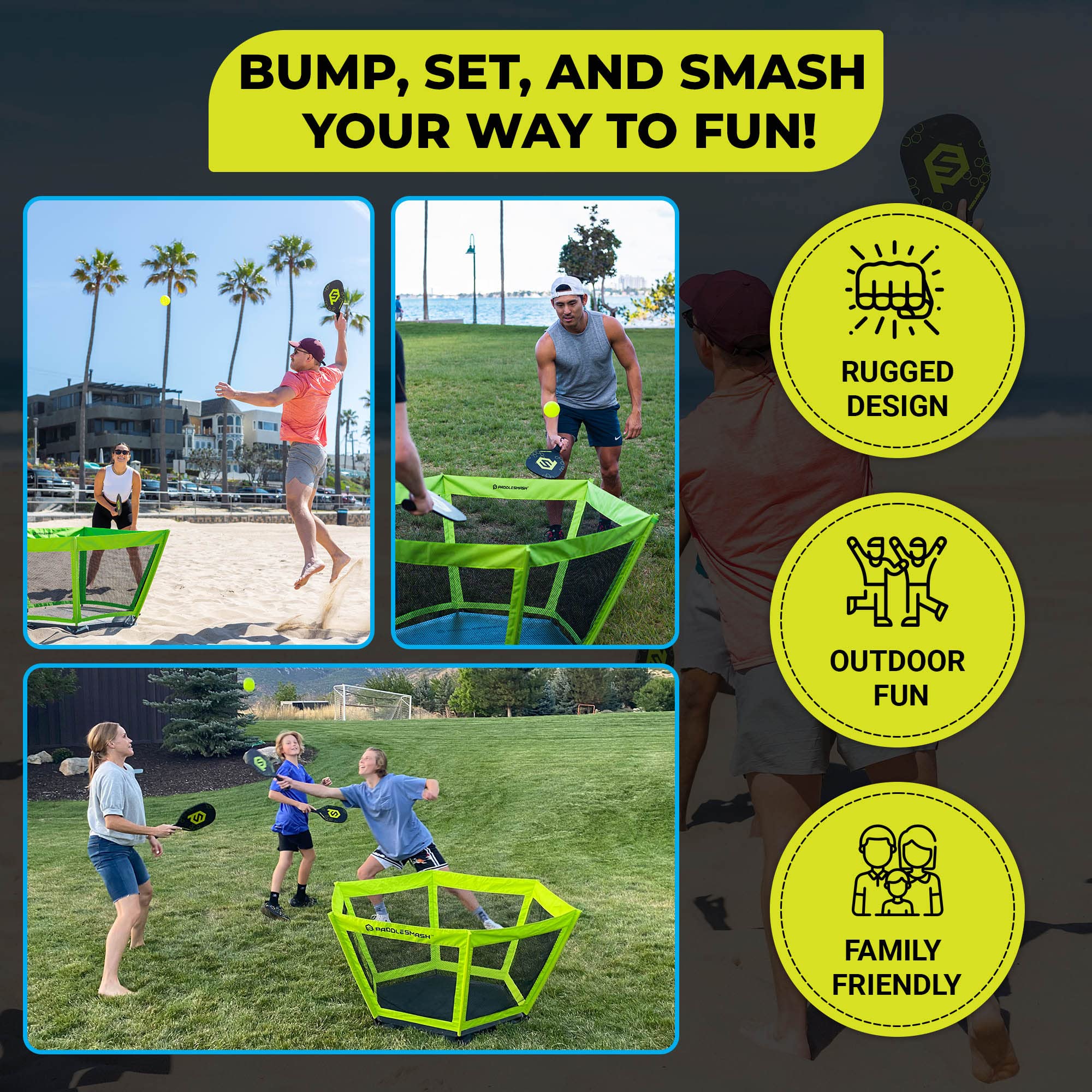 PaddleSmash – Pickleball Yard Games - As Seen on Shark Tank - Beach, Backyard, Lawn, Outdoor Games for Adults and Family – Easy Assembly - Includes 4 Pickball Paddles, 2 Balls & Case