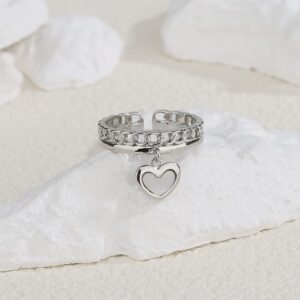 Shell Heart Charm Dangle Open Finger Ring Adjustable Open Stacking Statement Double Layer Chain Bands Fashion Promise Eternity Rings for Women Teen Girls Bride Wife Jewelry Aniversary Wedding Valentines Gifts