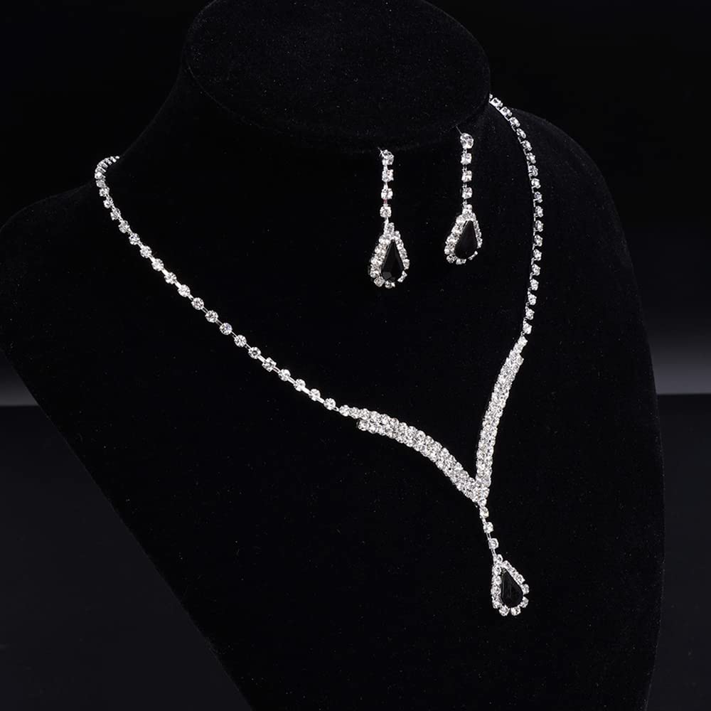 JWICOS Bridal Necklace Earrings Set Crystal Wedding Jewelry Set Rhinestone Choker Necklace for Women (Black)